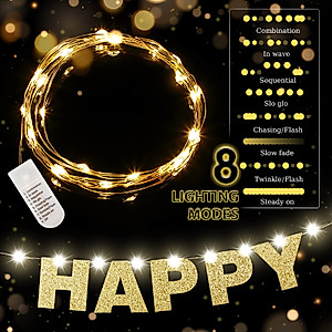 Happy Birthday Letters Banner Gold Happy Birthday Garland Decoration and 9.8 Feet Copper Wire Lights Birthday Banner Lights String for Birthday Party Decor Home Office Decor