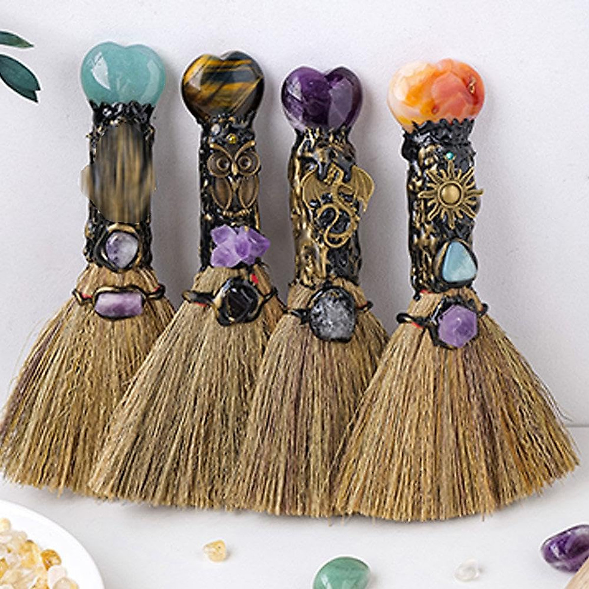 JHIALG Witch Broom Crystal Witch Wiccan Altar Broom, Halloween Hanging Props Cosplay Broomstick, Handmade Reiki Broomstick for Cleansing Healing Fengshui