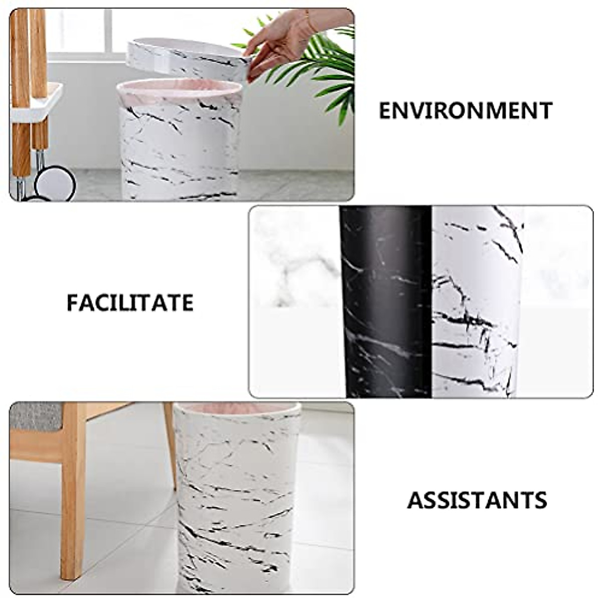 DOITOOL Plastic Trash Can Round Marble Print Rubbish Bin Kitchen Waste Basket Decorative Garbage Storage Container for Home Office Bathroom Bedroom Living Room