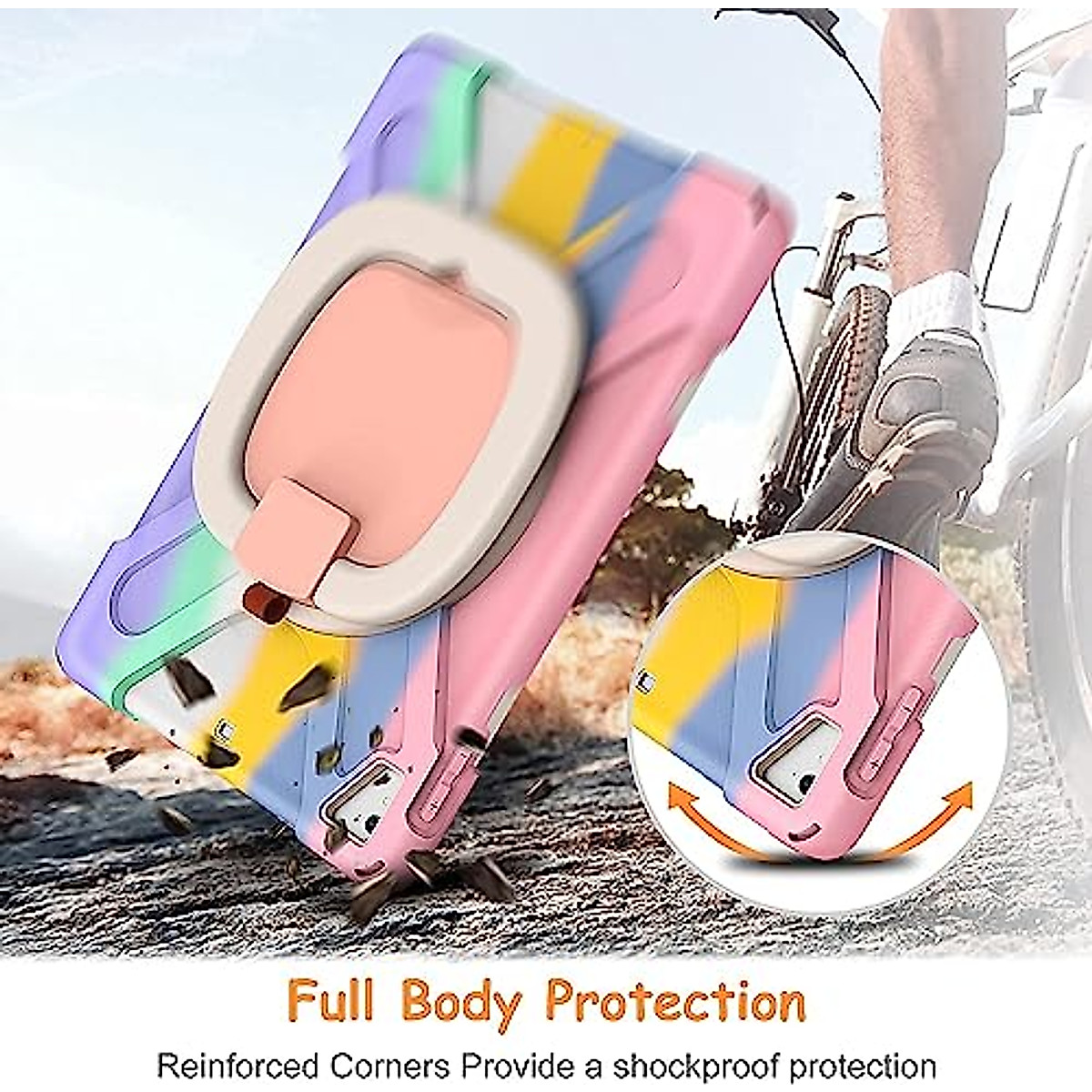 KENOBEE Case for iPad 9.7 6th/5th 2018/2017 / Air 2 / Pro 9.7, 360° Rotating Multi-Functional Handle-Kickstand Shockproof Cover Built-in Screen Protector & Shoulder Strap, Rainbow Pink