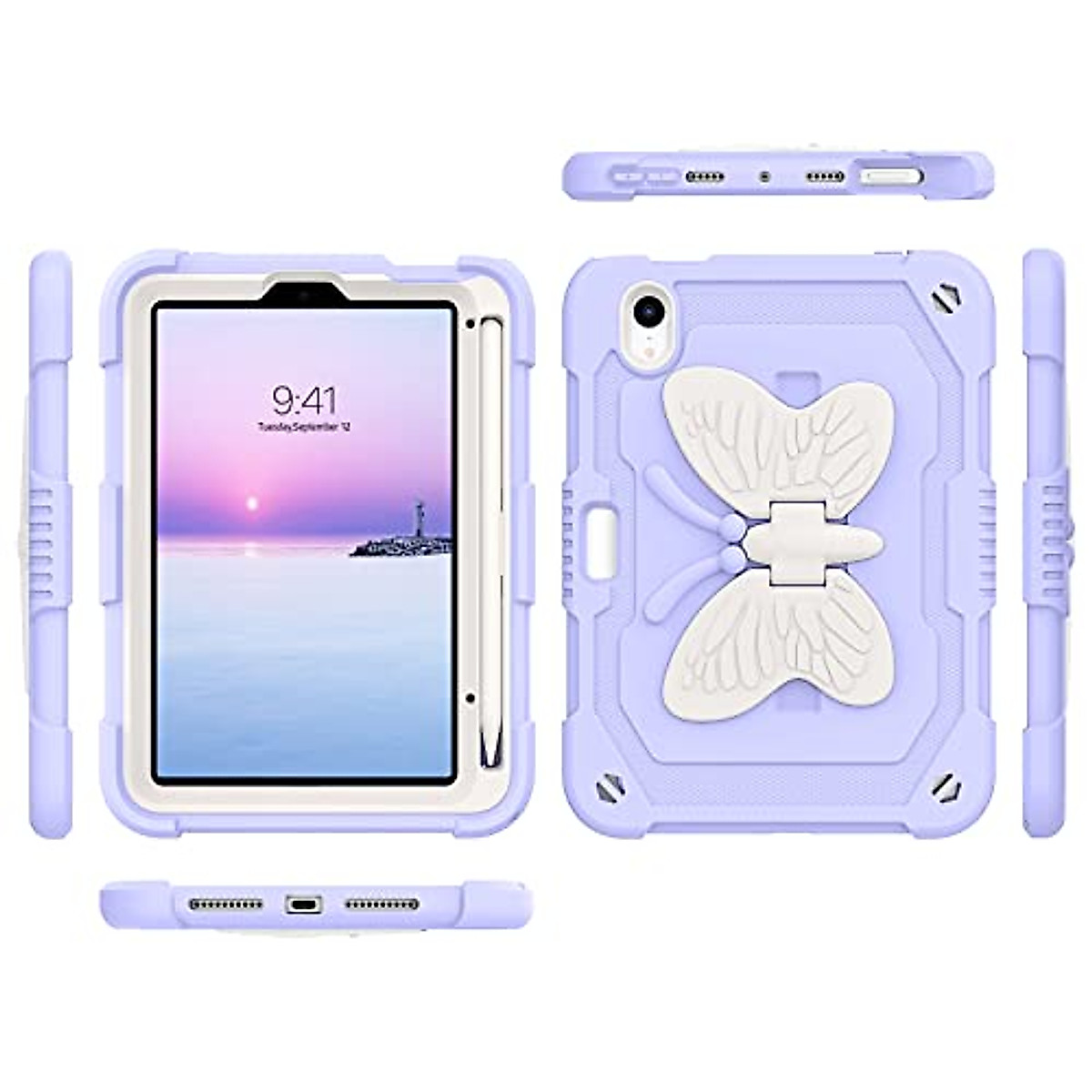 BENTOBEN iPad Mini 6 Case, 2021 iPad Mini 6th Generation Case with Pencil Holder 2 in 1 Heavy Duty Rugged Shockproof Kickstand Hybrid Bumper Protective Girl Women Boy Mini 6 Tablet Cover,Purple Design