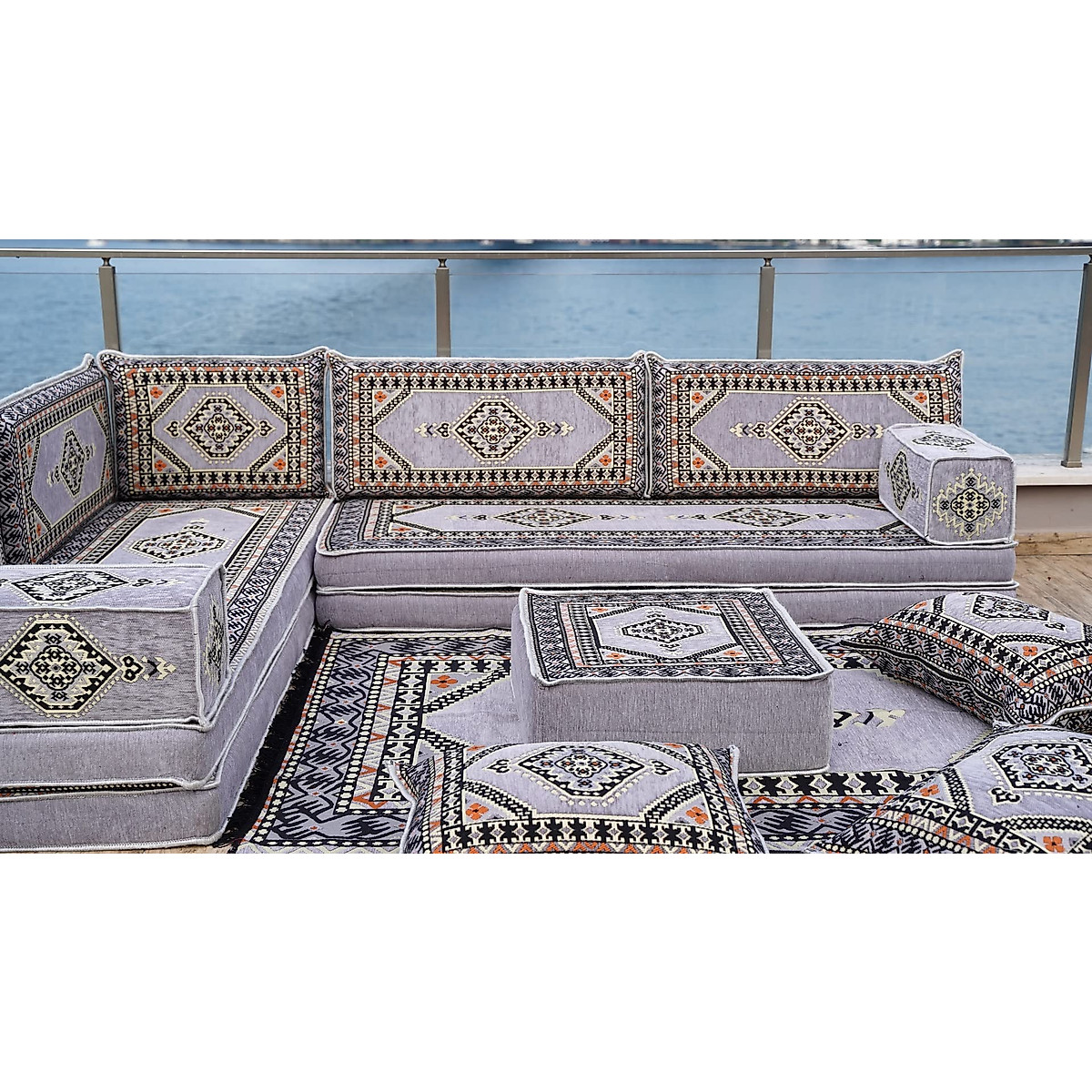 Gray L Shaped Arabic Sofa Set, Floor Couch, Sectional Sofas, Arabic Majlis, Turkish Rug, Couch Covers for 3, Sofa Bed, Poufs (L Sofa + Rug + Poufs)
