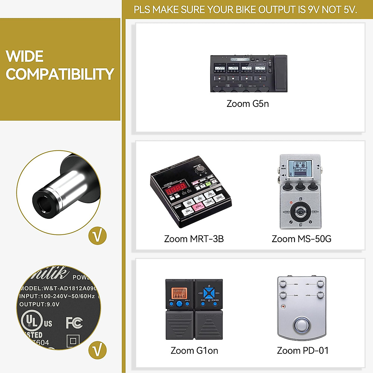 Omilik 9V AC Power Adapter Fits for Zoom AD-16A/D AC Adapter for Zoom Guitar Pedals G1on, G1Xon, G2Nu, G2.1Nu, G3, G3X, G5, G1N, G1XN Compatible with Zoom AD-0006A/D RhythmTrak RFX-300 Multi Effects