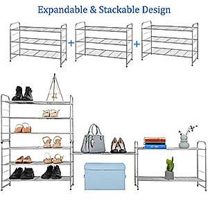 Bextsrack 3-Tier Shoe Rack, Stackable & Adjustable Wire Grid Shoe Shelf Storage Organizer for Closet Bedroom Entryway - Silver
