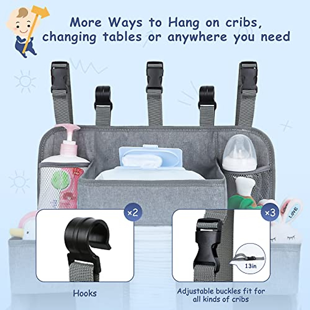 Maliton XL Hanging Diaper Caddy Organizer for Changing Table, Crib Diaper Organizer for Baby Stuff, Pack n Play Nursery Organizer, Baby Accessories for Newborn, Baby Shower Gifts(Grey)