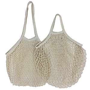 Cotton String Shopping Bags Reusable Washable Grocery Mesh Bags Organizer for Grocery Net Bags with Longhandle for Fruit Vegetable Storage, 6 Pack