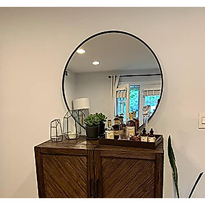 HofferRuffer Round Mirror, Circle Hanging Mirror, Metal Frame Wall Mounted Mirror for Home Bedroom, Bathroom, Washroom, Living Room, Entryways (Black, 27.6)