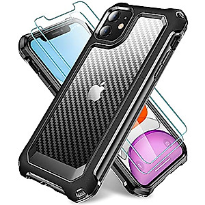 SUPBEC iPhone 11 Case, Slim Carbon Fiber Shockproof Protective Cover with Screen Protector [x2] [Military Grade Drop Protection] [Anti Scratch & Fingerprint], Phone Cases for iPhone 11, 6.1", Black