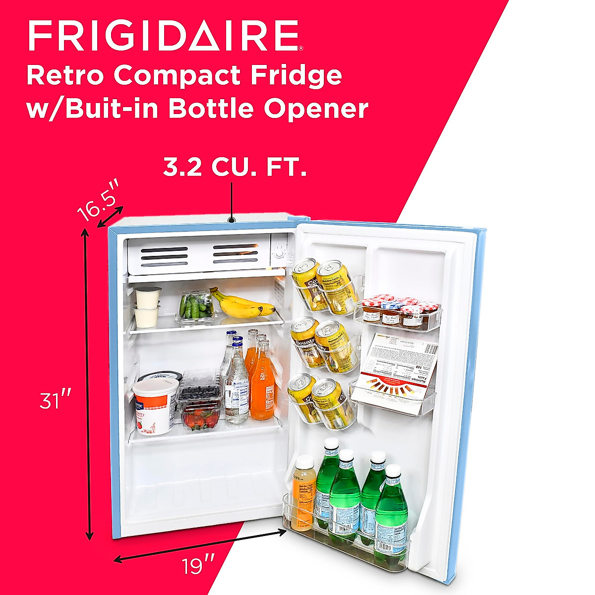 Frigidaire Retro Compact Fridge with Chiller, 3.2 cu ft Countertop Fridge with Built-In Bottle Opener, Compact Refrigerator for Office, Bedroom, Dorm Room or Cabin - 16.5" D x 19" W x 31" H (Blue)
