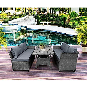 DHPM Patio PE Wicker Furniture Set Outdoor Brown Rattan Sectional Conversation Sofa Chair with Table & Soft Cushions, Gray