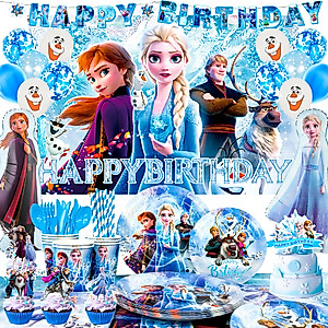 Frozen Birthday Party Supplies,124pcs Frozen Party Decorations&Tableware Set-Frozen Plates Napkins Cups Tablecloth Banner Backdrop,Frozen Balloons etc Frozen Themed Birthday Party Supplies