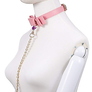 LEWECEEO PU Leather Kitty Bell Collar Choker Cosplay Bowknot Collar Choker with Golden Chain Leash for Women Girls (Pink)