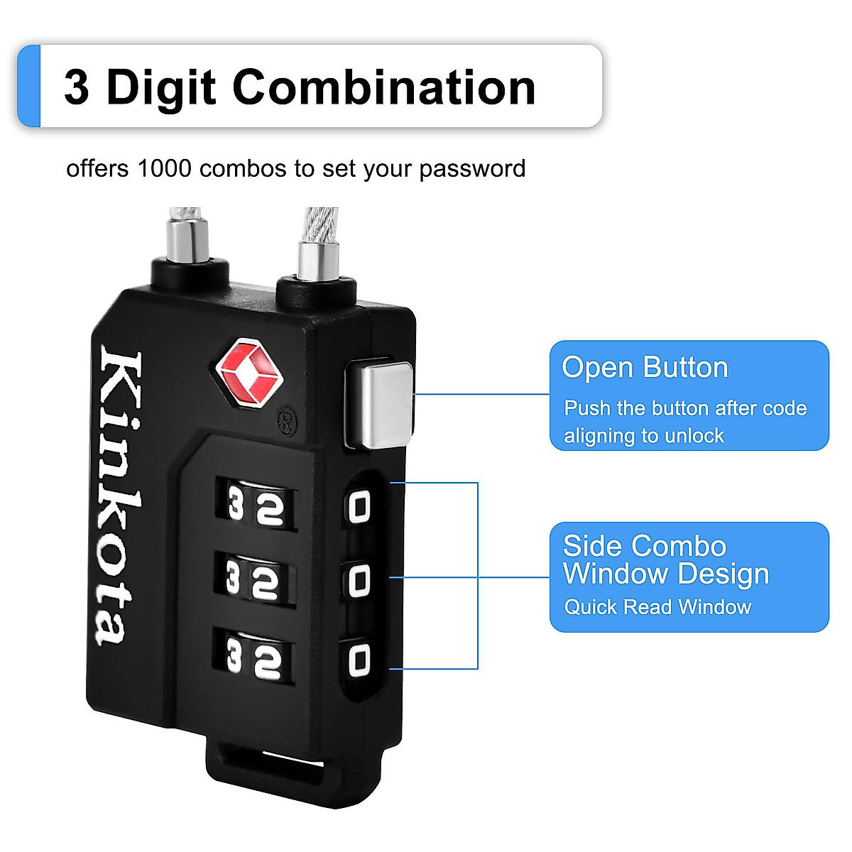 Kinkota Luggage Locks TSA Approved, 3 Digit Cable Combination Lock, Plastic TSA Lock for School, Gym, Suitcase, Baggage (2 Pack)