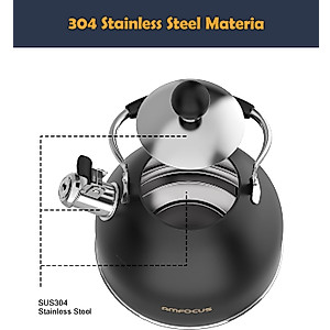 AMFOCUS Tea Kettle, 2 Quart Stainless Steel Whistling Tea Kettle, Stovetop Whistling Teakettle Tea Pots for Stove Top with Ergonomic Folding Handle, Small Teapot, Water boiler for Tea, Coffee (Black)