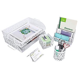 EasyPAG 5 in 1 Desk Organizer Set - 2 Tier Stackable Desk Tray,Letter Sorter, Pen Holder,Business Card Holder and Stick Note Holder,White