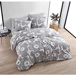 MARIMEKKO - Queen Comforter Set, Cotton Bedding with Matching Shams, Lightweight Home Decor for All Seasons (Unikko Grey, Queen)