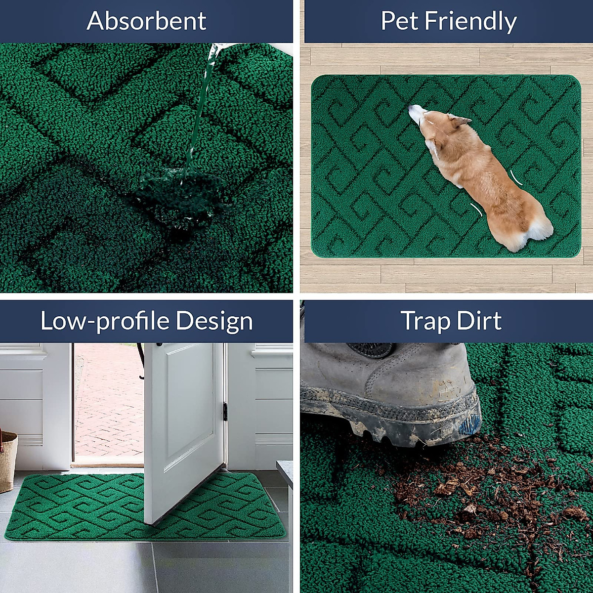 Walensee Indoor Doormat, Front Door Mat for Entrance (24"x35" Green) Machine Washable Entryway Rug, Non Slip Trapper Door Rugs Absorbent Dirt Low Profile Shoes Scraper Inside Floor Mats