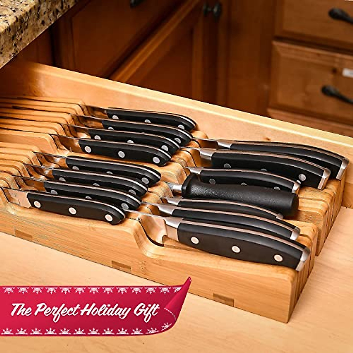 In-Drawer Bamboo Knife Block - Holds 14 Knives Plus a Slot for your Knife Sharpener, Premium Knife Drawer Organizer, Perfect Knife Organizer Drawer Insert or Drawer Knife Holder (2" tall, 17" deep)