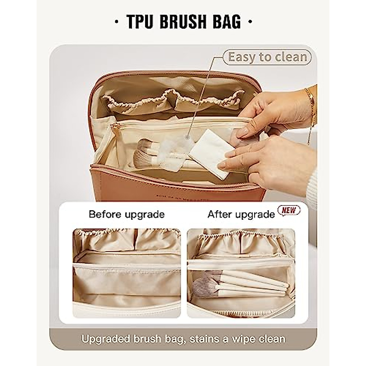 EACHY Travel Makeup Bag,Large Capacity Cosmetic Bags for Women,Waterproof Portable Pouch Open Flat Toiletry Bag Make up Organizer with Divider and Handle (Large-Brown, Large)