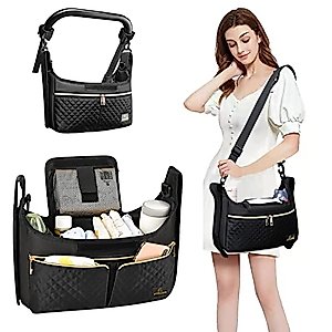 YaKuss Universal Stroller Organizer Bag with Cup Holder Shoulder Diaper Handbag Baby Accessories Three Way to Carrier Fits Britax, Uppababy, Baby Jogger, BOB and Donna Stroller,1.0 Black