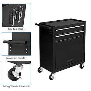 TUFFIOM 8-Drawer Rolling Tool Chest w/Lock & Key, Tool Storage Cabinet w/Wheels, Detachable Top, Drawers & Side Hooks, Mechanic Tool Organizer Box for Garage Warehouse Repair Shop, Black