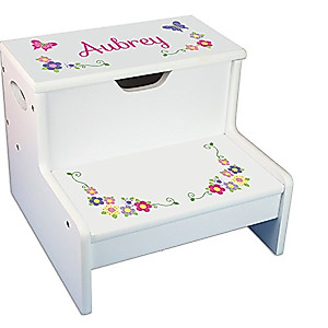 Personalized Bright Butterflies Garland White Childrens Step Stool with Storage