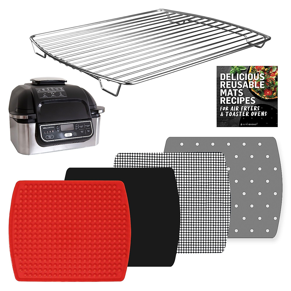 Air Fryer Rack and Reusable Liners For Ninja Foodi Grill 5-in-1 AG301 4qt, Airfryer Accessories, Replacement for Parchment Paper, Heat Resistant Mats and Stainless Steel Cooking Rack by INFRAOVENS