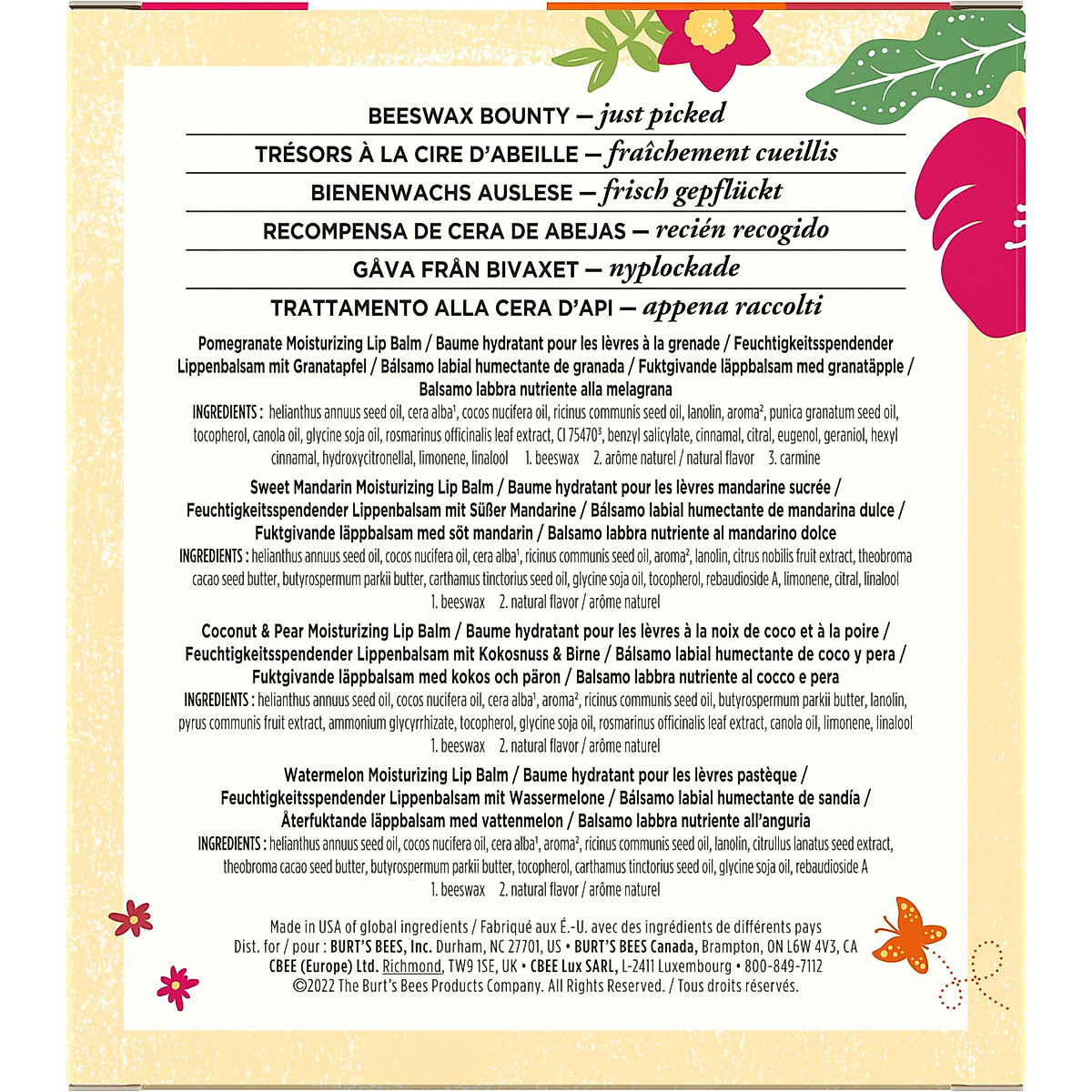 Burt's Bees Gifts, 4 Lip Balm Products, Just Picked Set - Pomegranate, Sweet Mandarin, Coconut Pear & Watermelon (4 Pack)