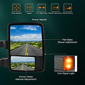 SCITOO Towing Mirrors fit for Ford Mirrors fit for Ford for F250 for F350 for F450 for F550 Super Duty 2003-2007 Signal Power Controlling Heated Convex Glass Manual Folding Telescoping (Pair)