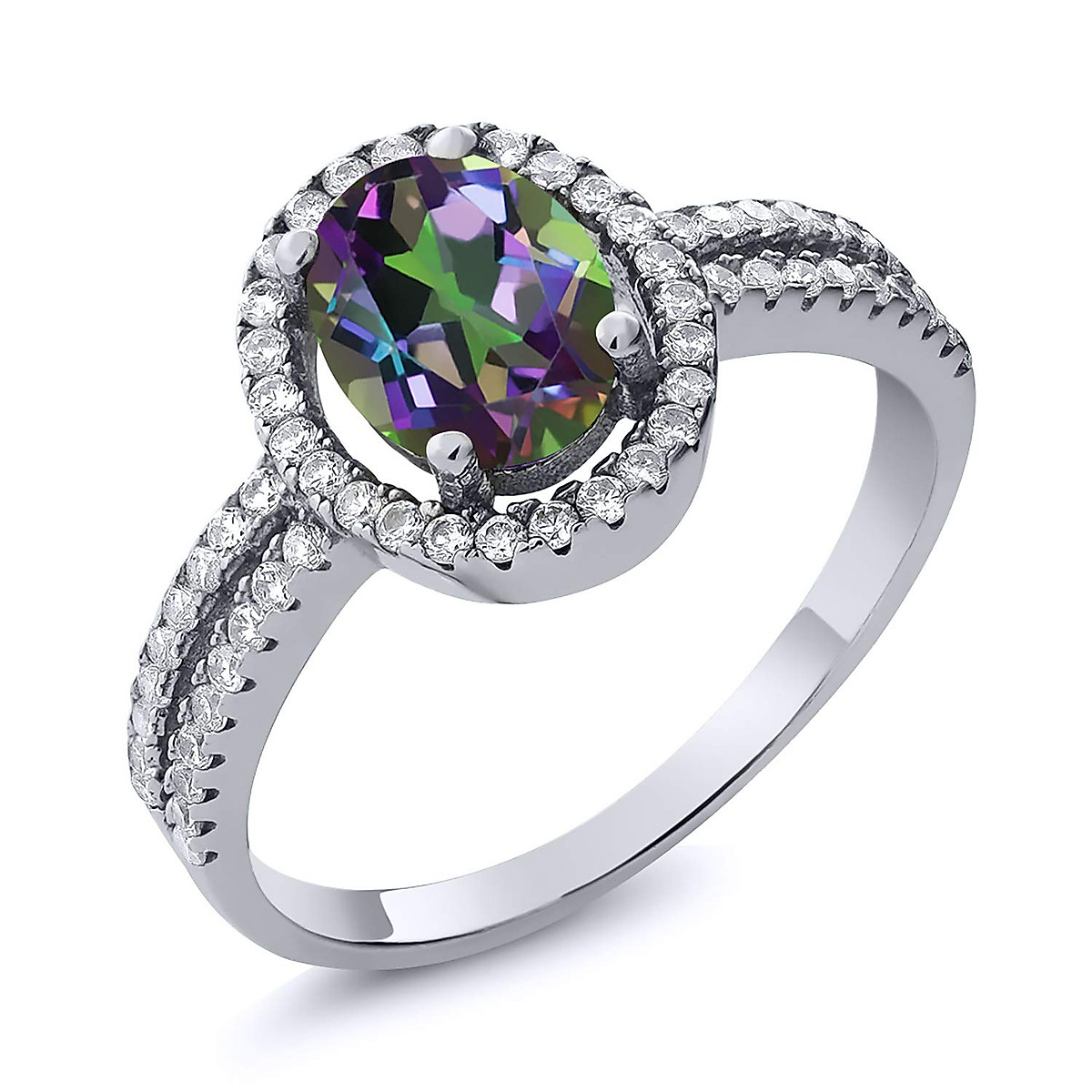 Gem Stone King 925 Sterling Silver 8X6MM Oval Gemstone Birthstone Split Shank Double Halo Engagement Ring | Wedding Band Anniversary Promise Ring For Women