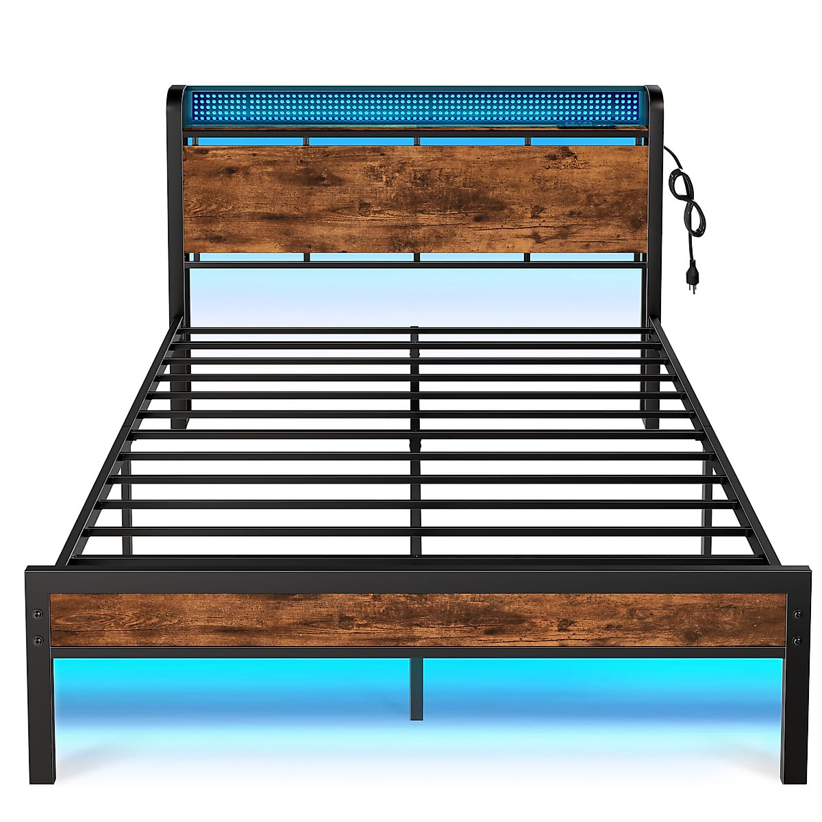 Furnulem Bed Frame Queen Size with Light,Industrial Storage Headboard with Power Outlet and USB Port,Wood Platform Queen Bed with Strong Metal Support,No Box Spring Needed,Silent
