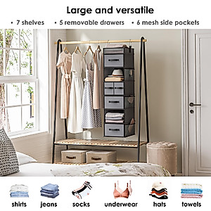 Fixwal 1 Pack 7-Shelf Hanging Closet Organizer, Closet Organization and Storage with 5 Different Drawers, 6 Side Pockets Wardrobe Clothes Organizer for Closet Dark Grey