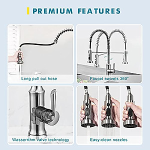Kitchen Faucet with Pull Down Sprayer Spring Brushed Nickel Commercial Single Handle Gooseneck Stainless Steel Pull Out Kitchen Sink Faucet Wasserrhythm