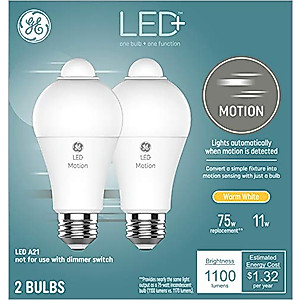GE LED+ Motion Sensor LED Light Bulbs, Security Light, Warm White, A21 Standard Bulbs (2 Pack)