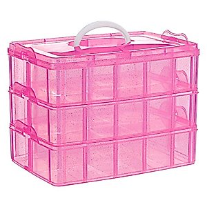 SGHUO 3-Tier Pink Craft Storage Container, Stackable Organizer Box with Dividers for Art Supplies, Beads, Washi Tapes, Seed, Hair Accessories, Nail, 9.5X6.5X7.2in