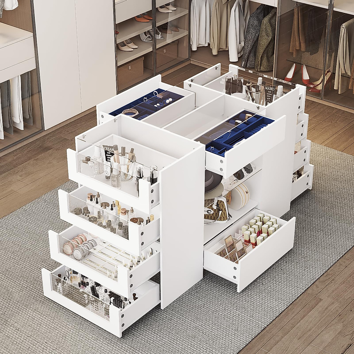 LIVAUVEAD Closet Island with Drawers, Wardrobe Armoire Bedroom Island, Glass Display Shelf & 12 Drawers, White Dresser with Glass Top, Walk-in Closet Island for Bedroom, Cloakroom