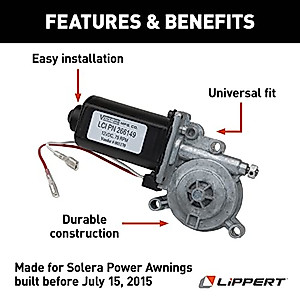 Solera Lippert Replacement Power Awning Motor with Dual Connectors, 12-Volt DC, 75-RPM, Fits Short, Flat or Pitched Awnings on 5th Wheel RVs, Travel Trailers, Motorhomes - 266149