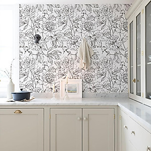 Simon&Siff Floral Linear Wallpaper Black White Peel and Stick Wallpaper Sketch Flowers 17.3 x 118 Removable Floral Wall Paper Durable Waterproof for Bedroom Bathroom Walls Cabinets Shelves