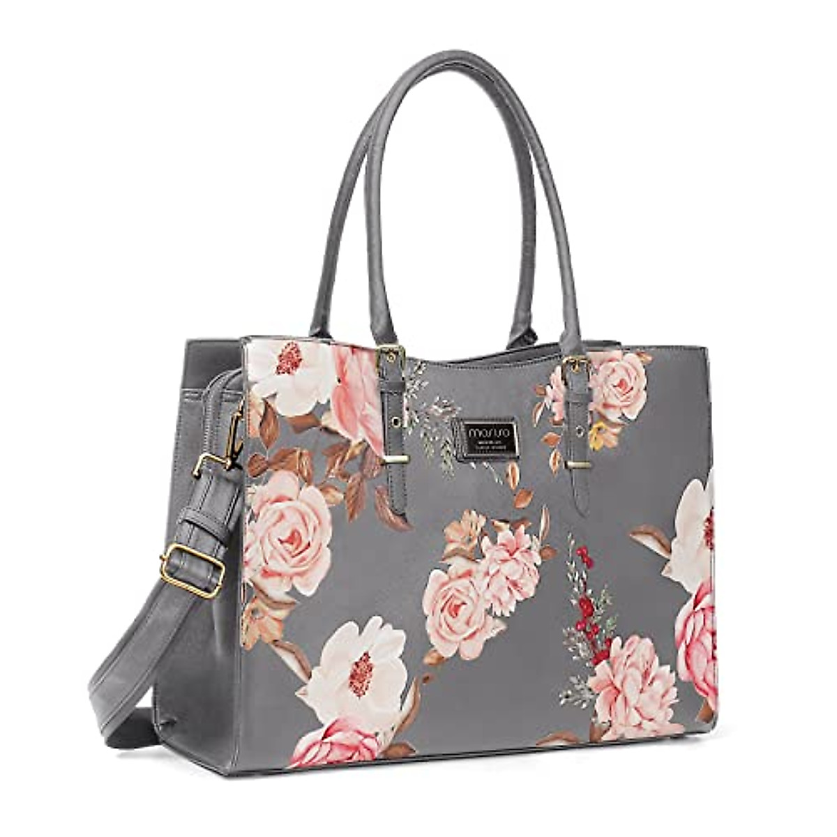 MOSISO Laptop Tote Bag Compatible with MacBook Air 15 inch M3 M2/Pro 16 M4 M3 M2 M1 & 15-15.6 inch Notebook, Peony Waterproof PU Leather Travel Work Briefcase with Adjustable PU Handle, Grey