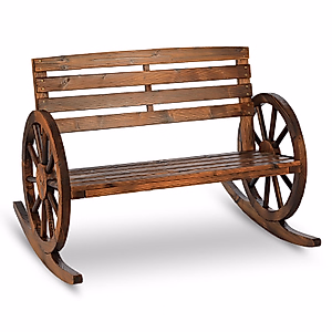 Outdoor Wood Rocking Chair Wooden Wagon Wheel Bench, Rustic Patio Rocker Chair for Porch Lawn Garden Balcony Poolside, Brown