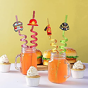 24 Fire Truck Party Favors Drinking Straws for Fire Truck Birthday Party Supplies with 2 PCS Straws Cleaning Brush