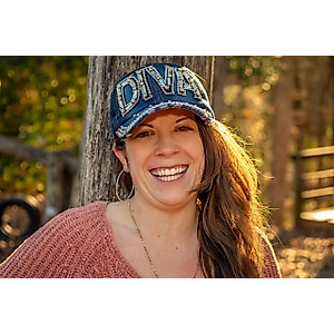 Popfizzy Diva Hat for Women, Rhinestone Hat with Bling Bling, Bedazzled Denim Baseball Hats Distressed, Bejeweled Hats