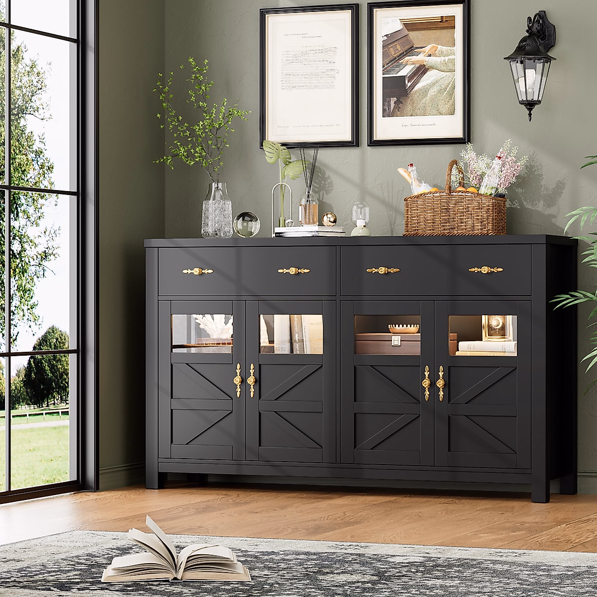 FINETONES Buffet Cabinet with Storage, 55.1" Large Sideboard Buffet Cabinet, Farmhouse Sideboard Kitchen Cabinet with 2 Drawers and 4 Doors, Wood Coffee Bar Cabinet Buffet Table for Kitchen, Black