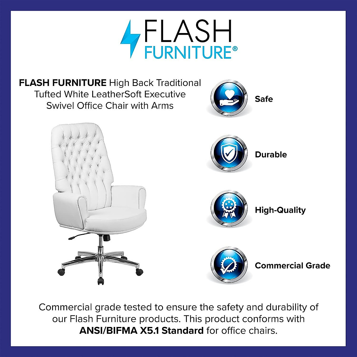 Flash Furniture Rochelle High Back Traditional Tufted White LeatherSoft Executive Swivel Office Chair with Arms