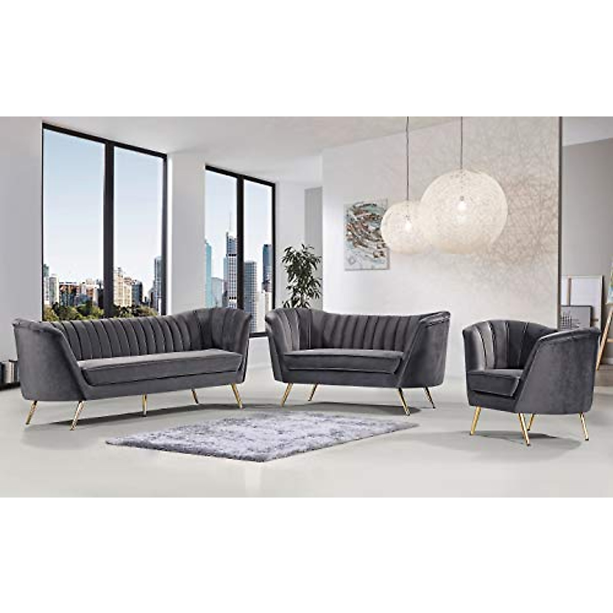 Meridian Furniture Margo Collection Modern | Contemporary Velvet Upholstered Loveseat with Deep Channel Tufting and Rich Gold Stainless Steel Legs, Grey, 65" W x 30" D x 33" H
