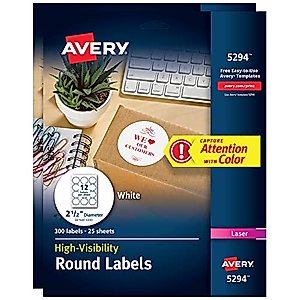 Avery High Visibility Printable Round Labels with Sure Feed, 2.5" Diameter, White, 300 per Pack, 2 Packs, 600 Customizable Blank Labels Total (45294)