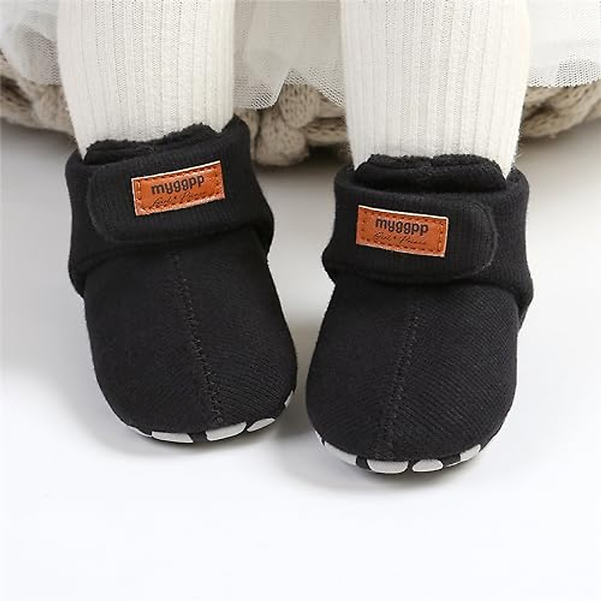Timatego Newborn Baby Boys Girls Cozy Fleece Booties with Grippers Stay On Slipper Socks Infant Toddler Crib Winter Shoes for Boys Girls (12-18 months toddler 32 Black)