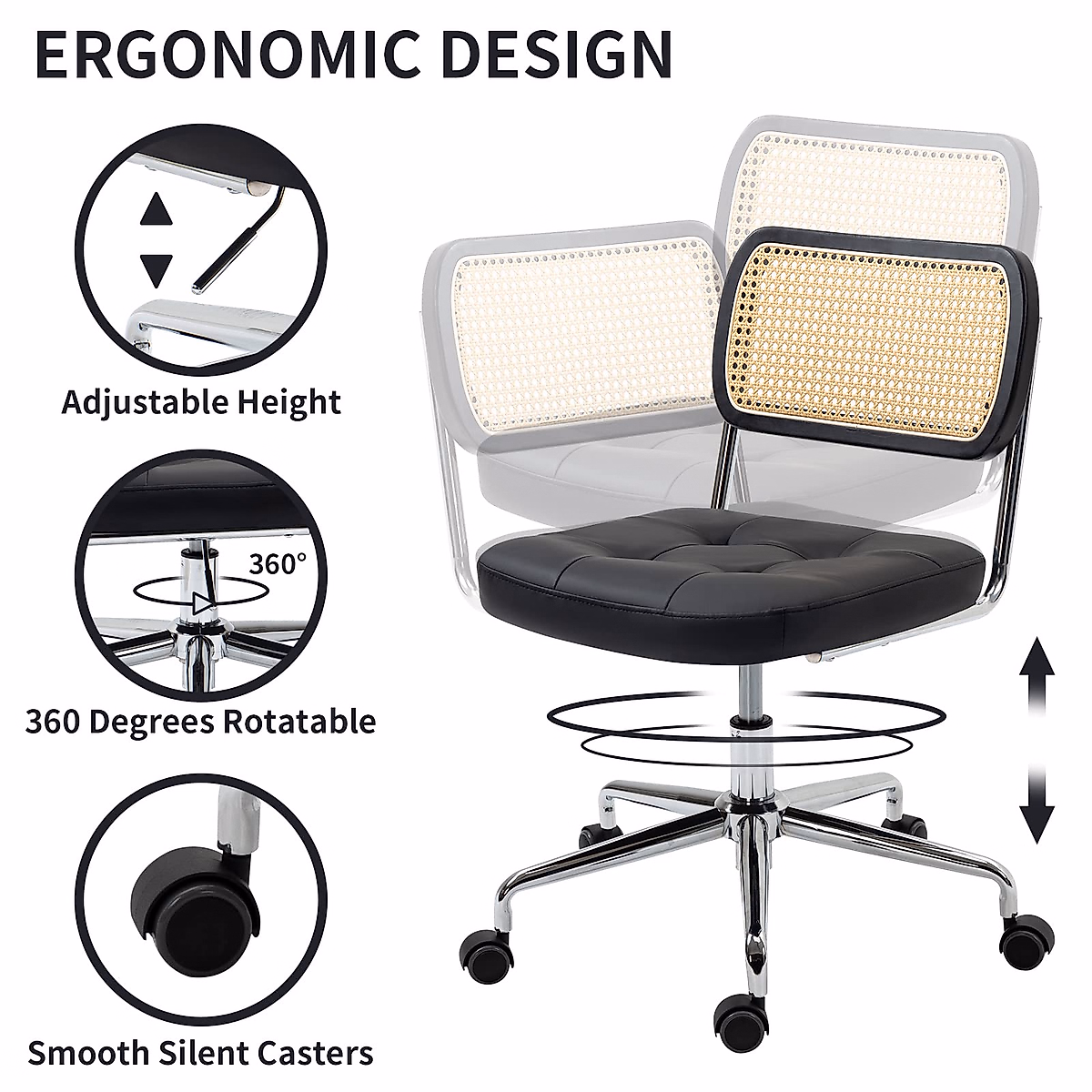 Newnno Mid Century Modern Home Office Chair with Wheels, Armless Leather Desk Chair Rattan Chair, Upholstered Adjustable Height Task Chair Swivel Computer Chair, Black