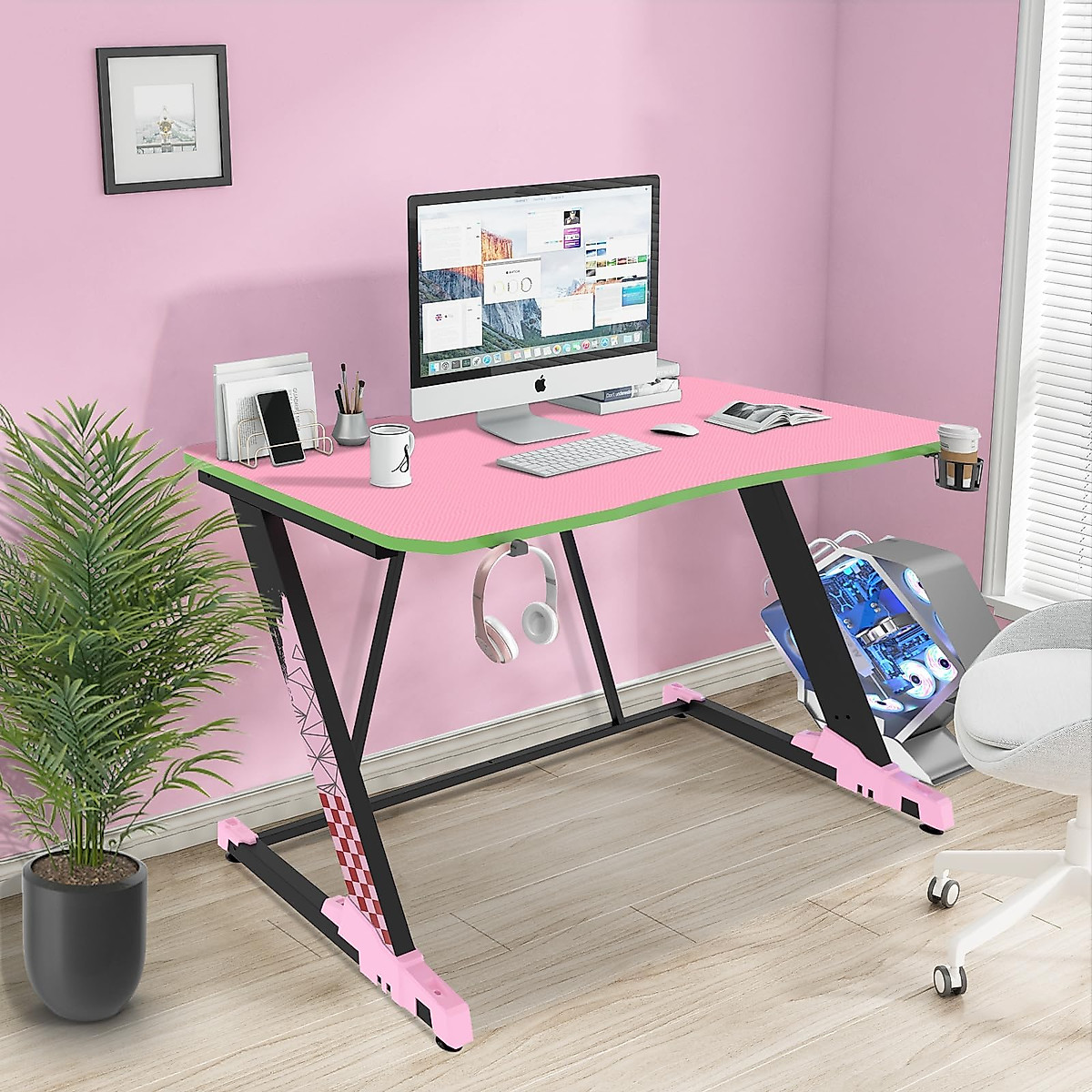 FUSLITE 55 Inch Gaming Desk, Carbon Fiber Surface Z-Shaped PC Computer Table, with Headphone Holder, Cup Holder, Cable Management Box, for Gamer, Pink & Green