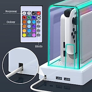 Mooroer Dust Cover with 16 LED Colors Light Base for Nintendo Switch/OLED, Acrylic Clear Display Box Anti-Scratch Waterproof Slim Dock Case, Cool Switch Accessories